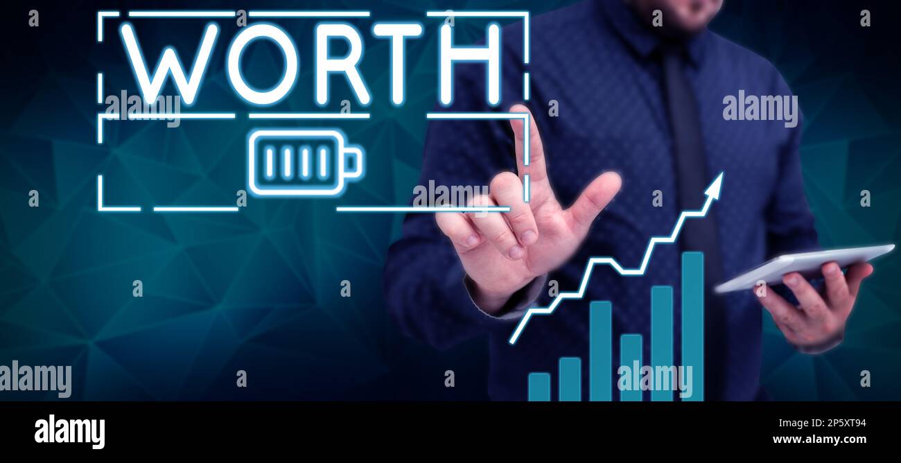 Conceptual caption Worth. Concept meaning equivalent in value to sum ...