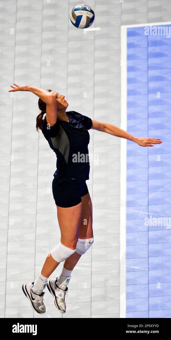 Brigham Young's Jennifer Hamson serves the ball during an NCAA college ...
