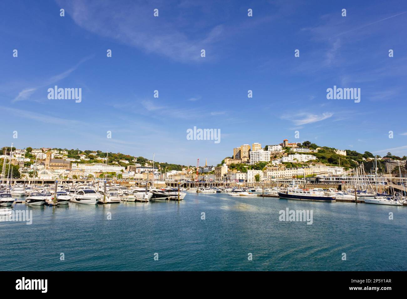 Boats moored in harbour from Princess Pier, Torquay, Devon, England, UK ...