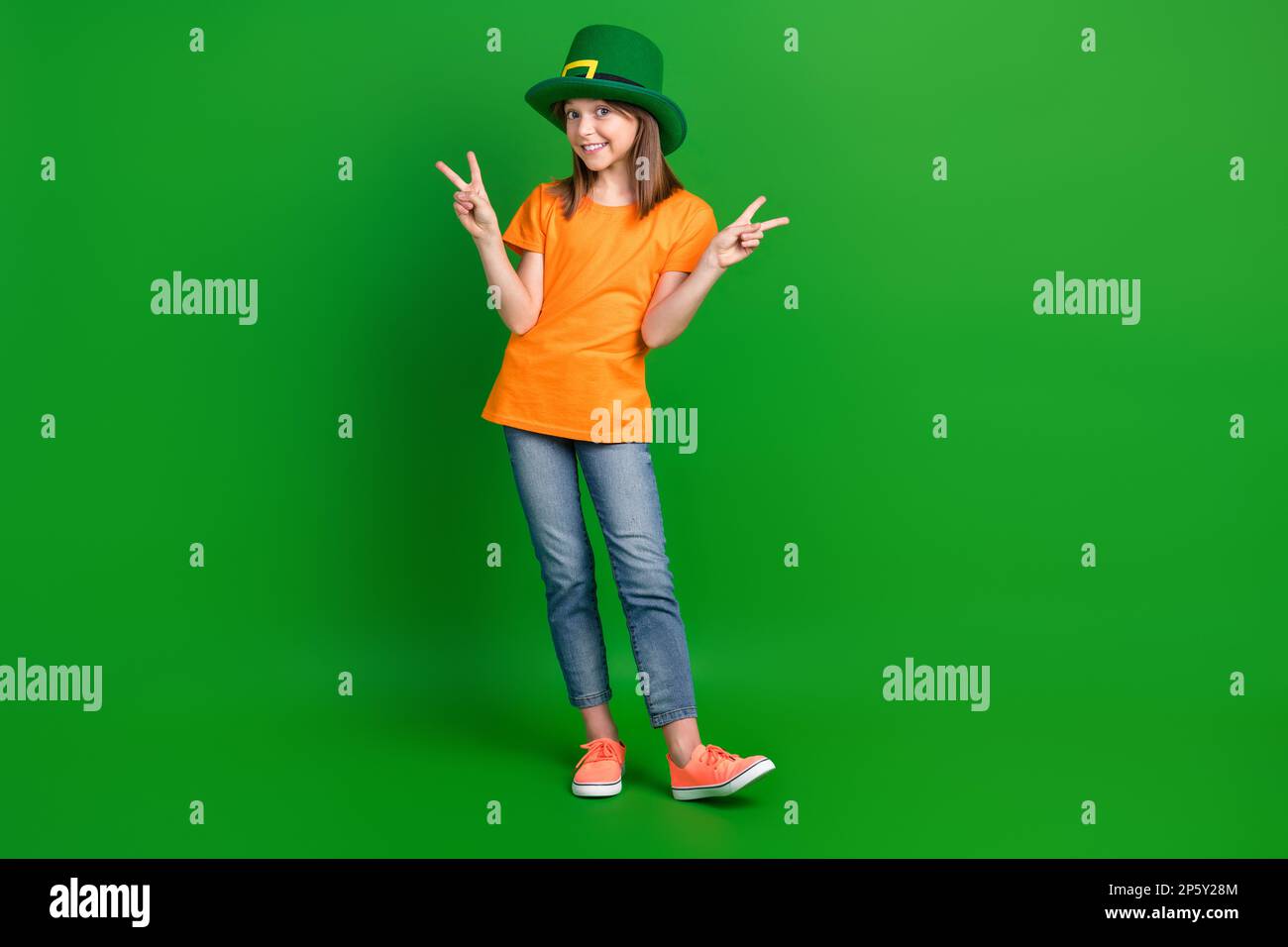 Full size photo of little funky girl demonstrate v-sign hello greeting ...