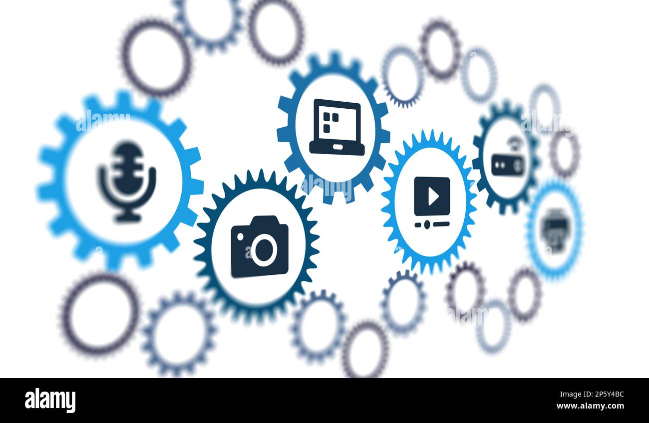 Social Media management concept with group of gears connected with ...