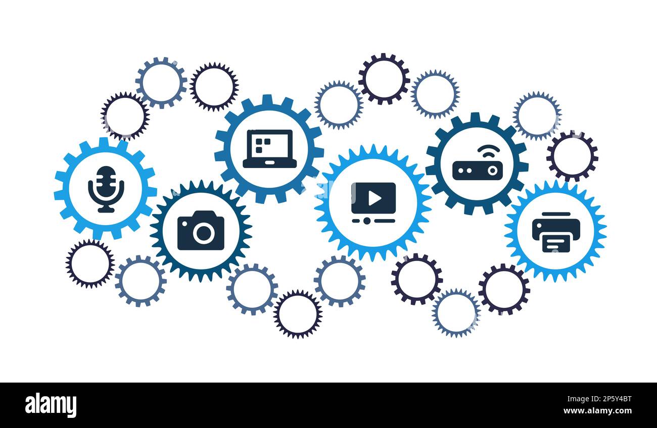 Online Media Creation Concept. Group of Gears and Connected With icons ...