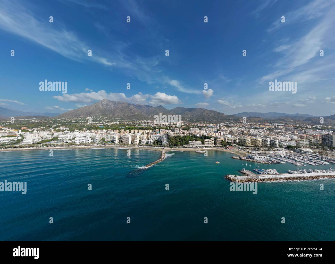 aerial view of the Venus beach in Marbella town, Spain Stock Photo - Alamy