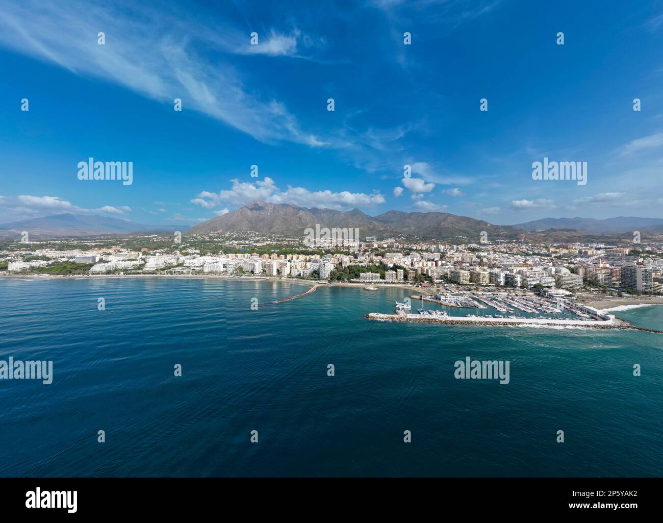 aerial view of the Venus beach in Marbella town, Spain Stock Photo - Alamy