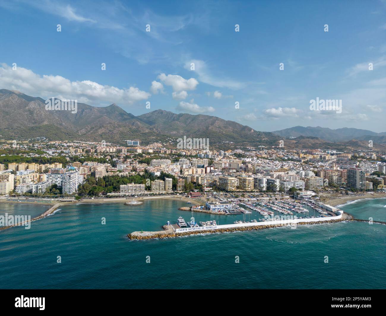 aerial view of the Venus beach in Marbella town, Spain Stock Photo - Alamy