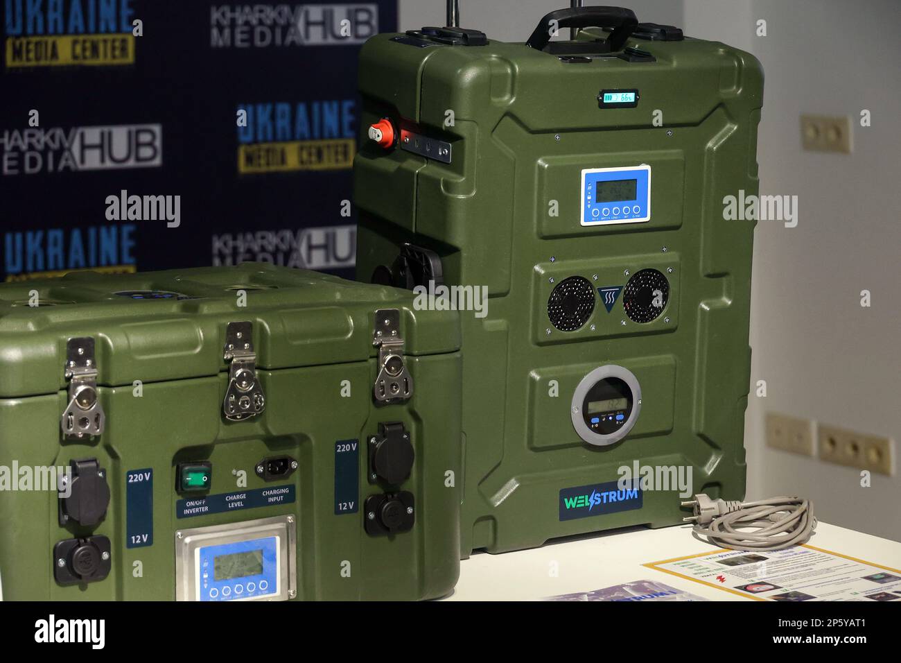 KHARKIV, UKRAINE - MARCH 6, 2023 - Portable military battery stations ...