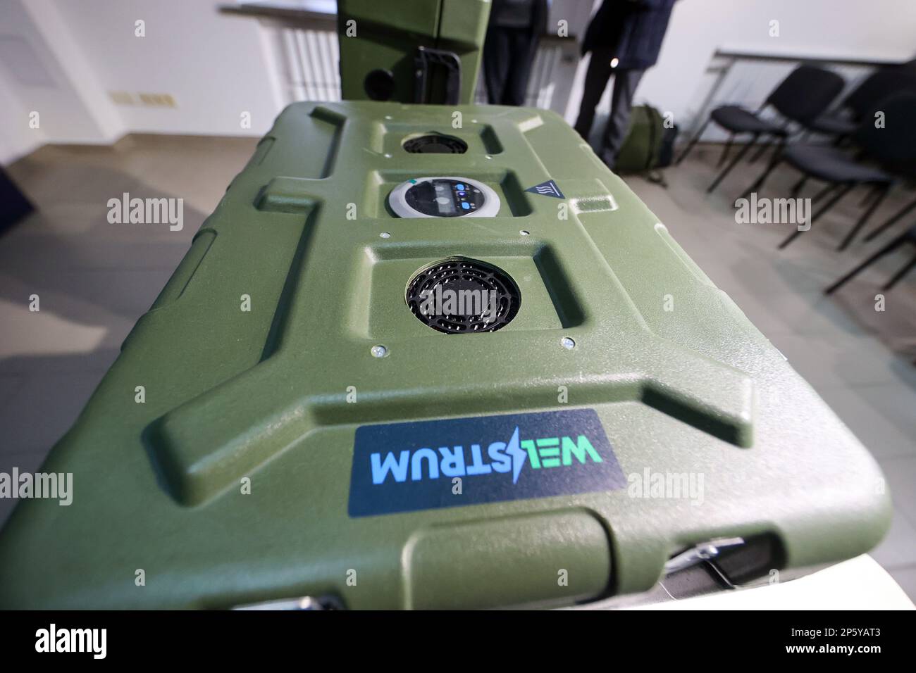 KHARKIV, UKRAINE - MARCH 6, 2023 - A portable military battery station ...