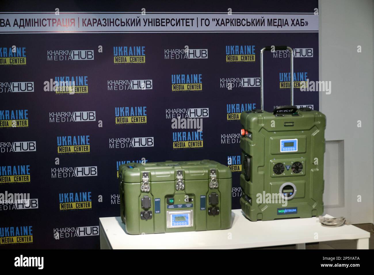KHARKIV, UKRAINE - MARCH 6, 2023 - Portable military battery stations ...