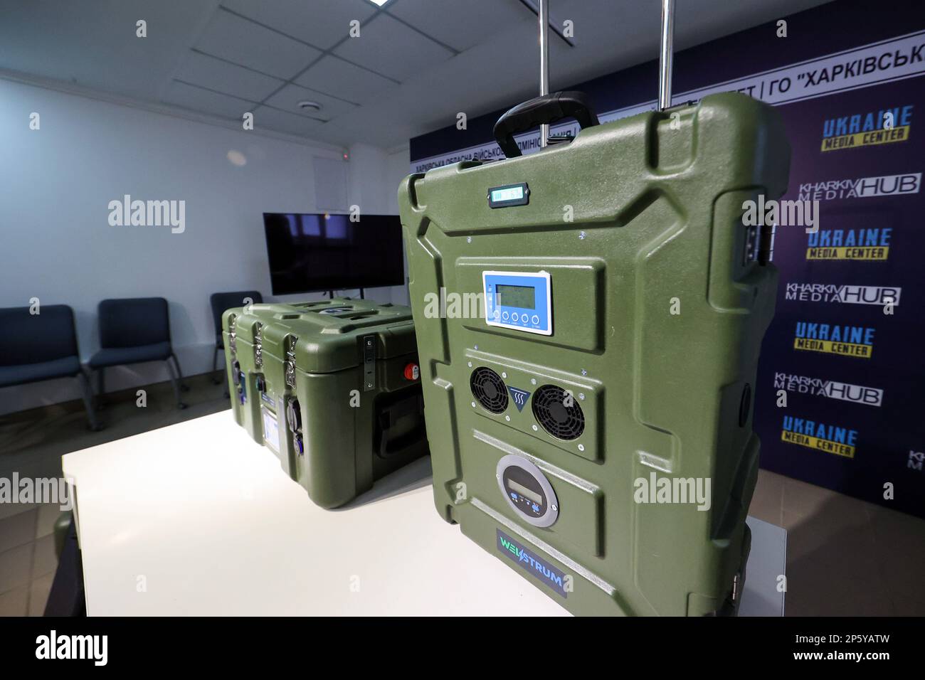 KHARKIV, UKRAINE - MARCH 6, 2023 - Portable military battery stations ...