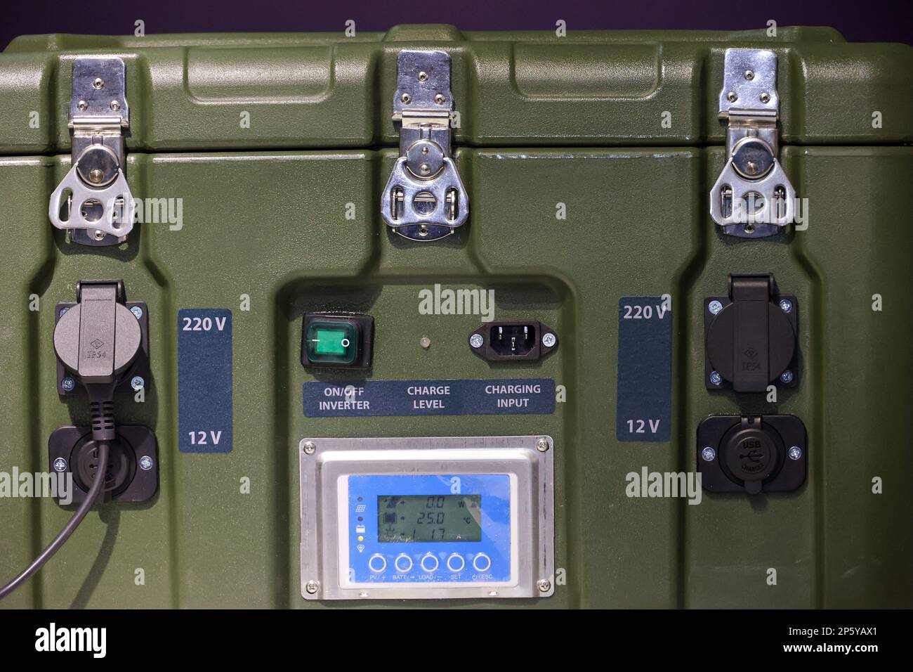 KHARKIV, UKRAINE - MARCH 6, 2023 - A portable military battery station ...