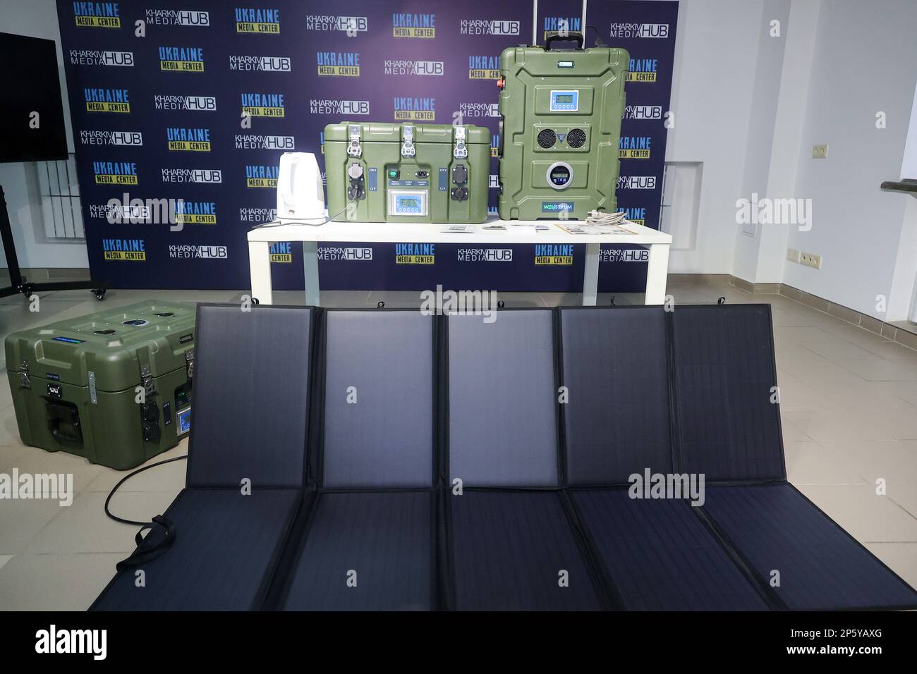 KHARKIV, UKRAINE - MARCH 6, 2023 - Portable military battery stations ...