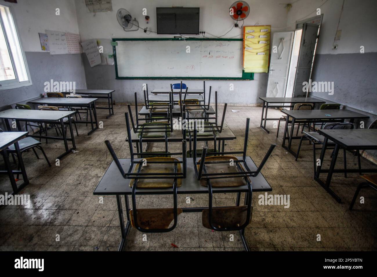 Nablus, Palestine - 07 Mar 2023, View of an empty classroom of the Palestinian school in the ...