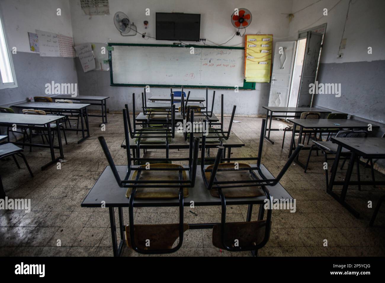 View of an empty classroom of the Palestinian school in the city of ...
