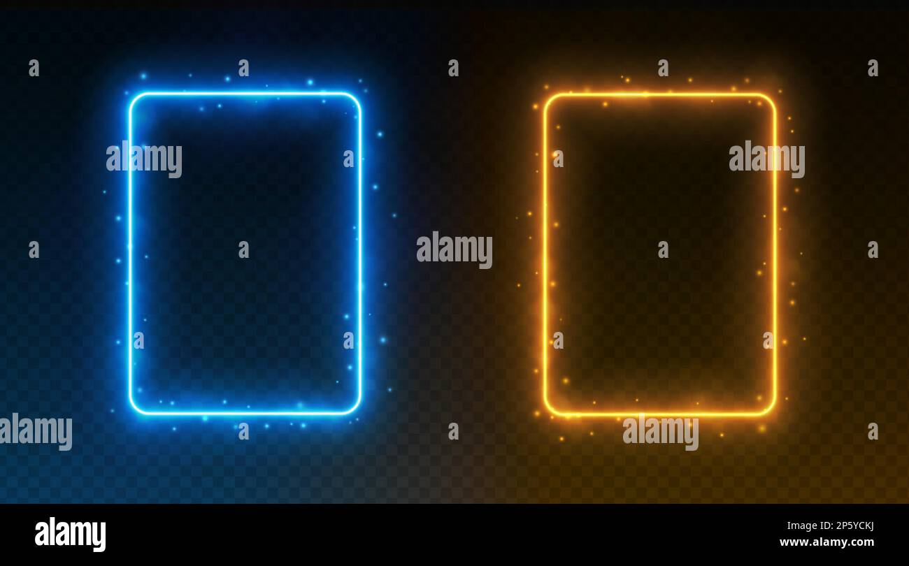 Neon rectangle frames, glowing borders with smoke and sparkles, ice and fire portals concept ...