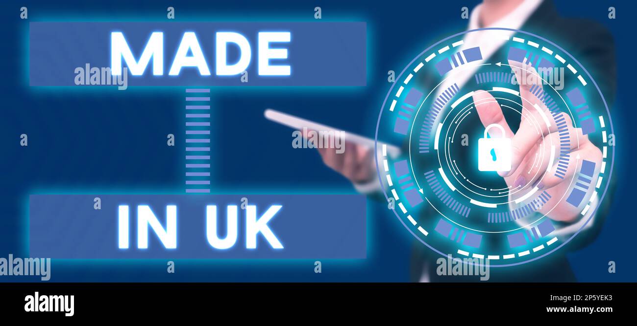Sign displaying Made In Uk. Business concept Something manufactured in ...