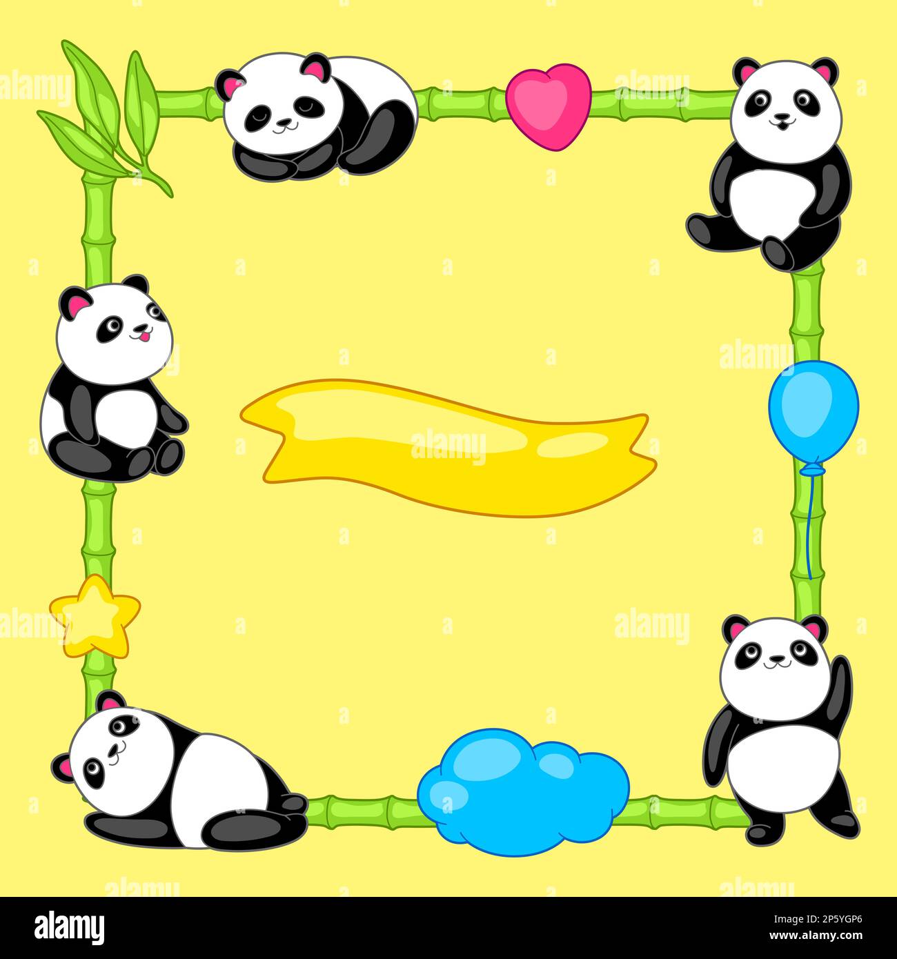 Frame with cute kawaii little pandas. Funny characters and decorations ...