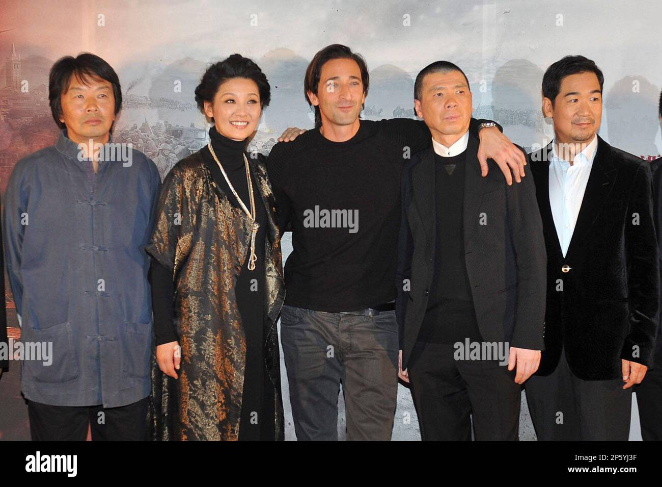 From left, writer Liu Zhenyun, actress Xu Fan, actor Adrien Brody, director Feng Xiaogang and ...