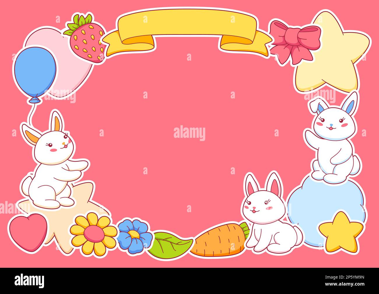 Frame with cute kawaii little bunnies. Funny characters and decorations ...