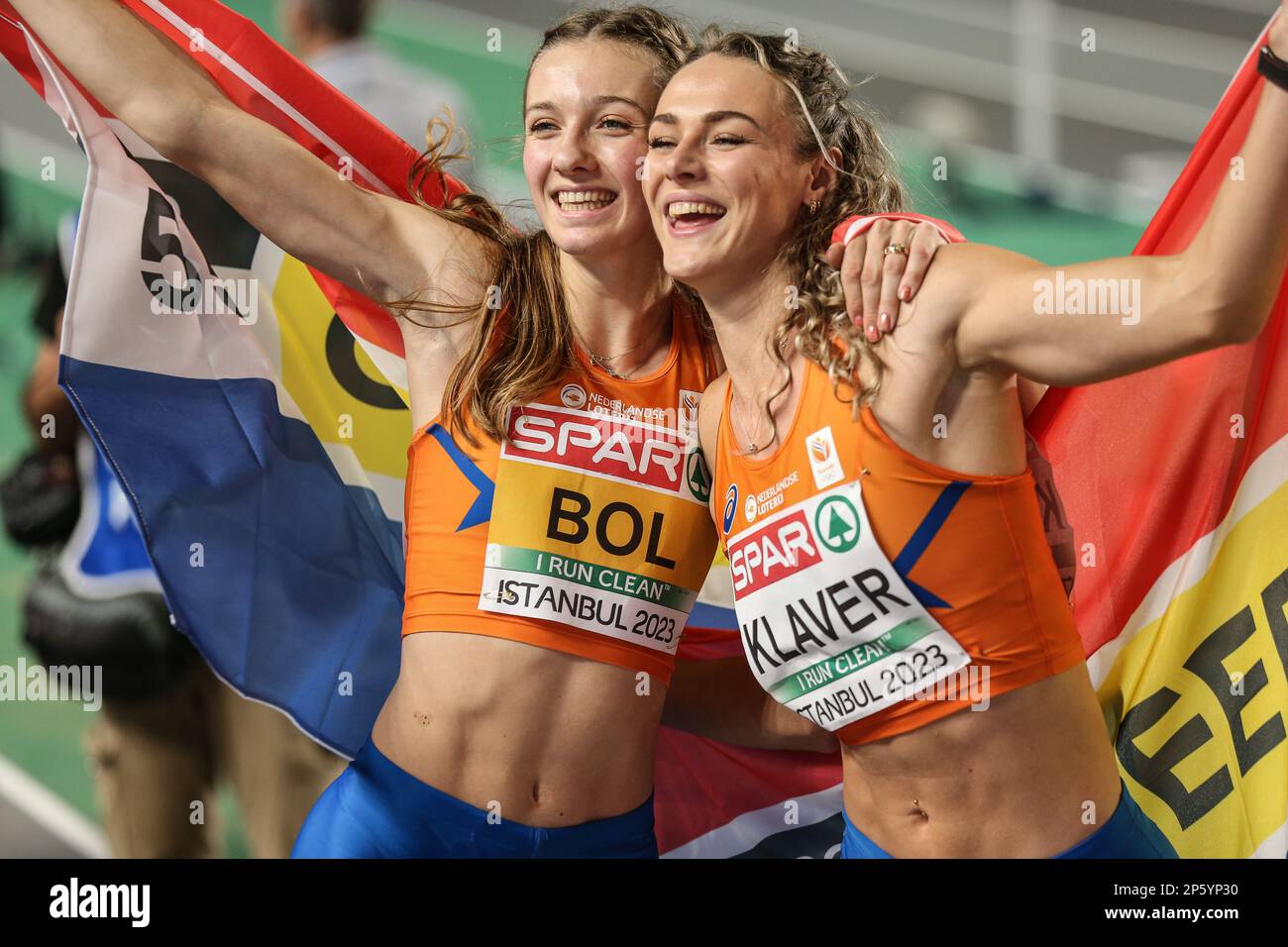 Femke Bol (G) and Lieke Klaver (S) celebrate after the Womens ...