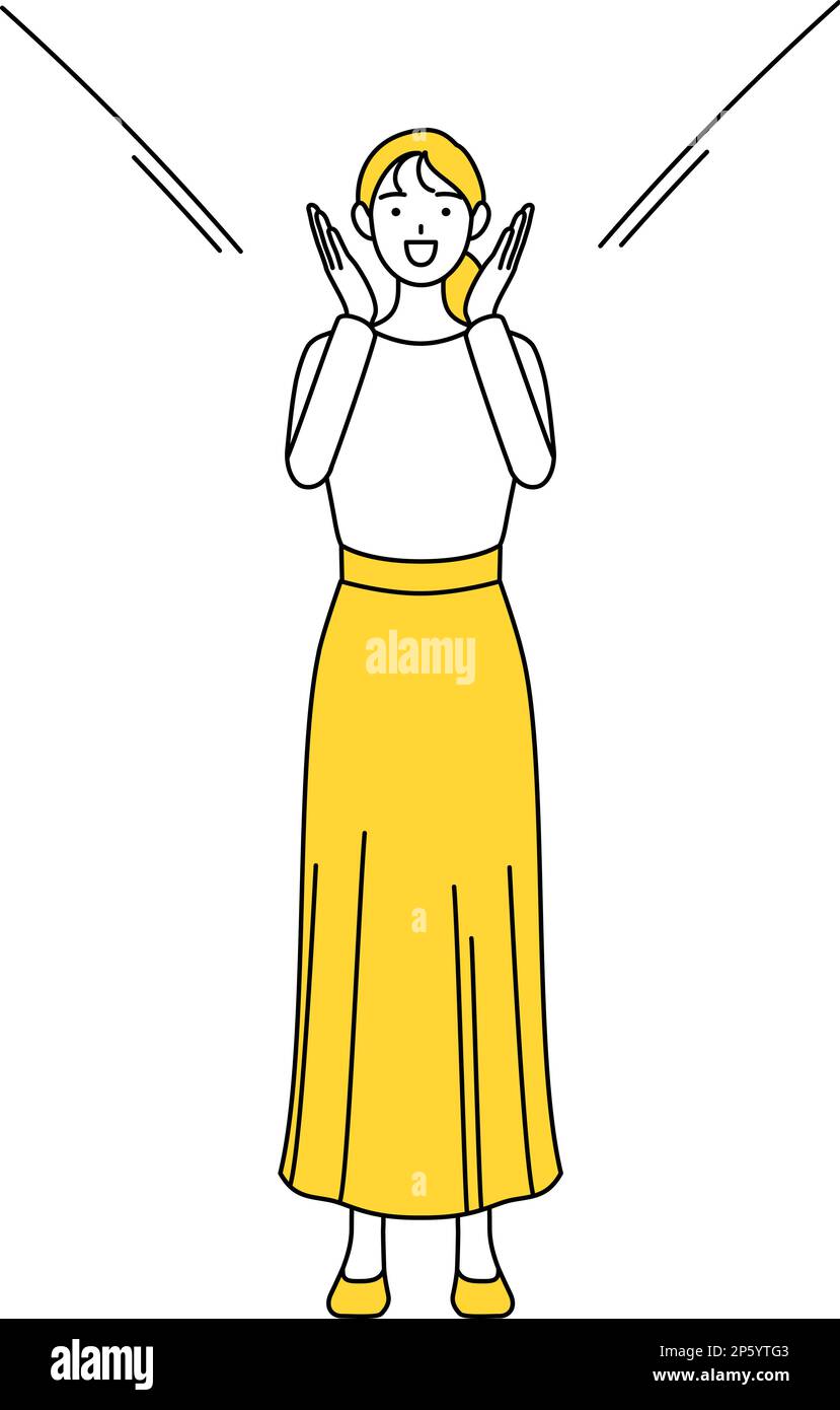 A casually dressed young woman calling out with her hand over her mouth ...