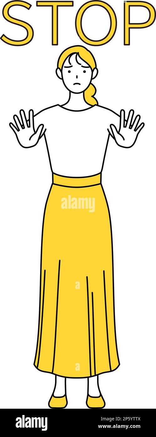 A casually dressed young woman with her hand out in front of her body ...