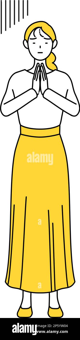 A casually dressed young woman apologizing with her hands in front of ...