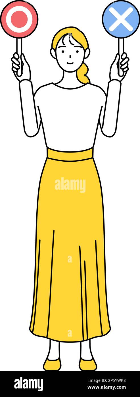 A casually dressed young woman holding a stick indicating correct and ...