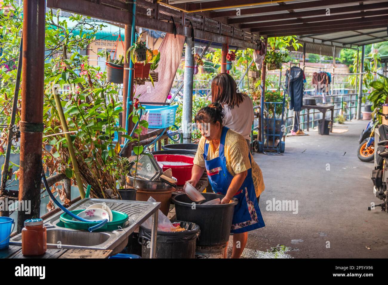 Thai women clean or wash dishes on a path in a housing estate of ...