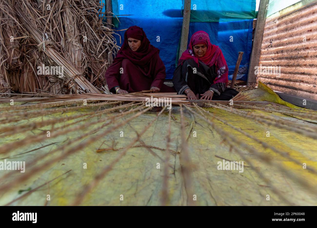 Srinagar, India. 06th Mar, 2023. Kashmiri women artisans weave reed and ...