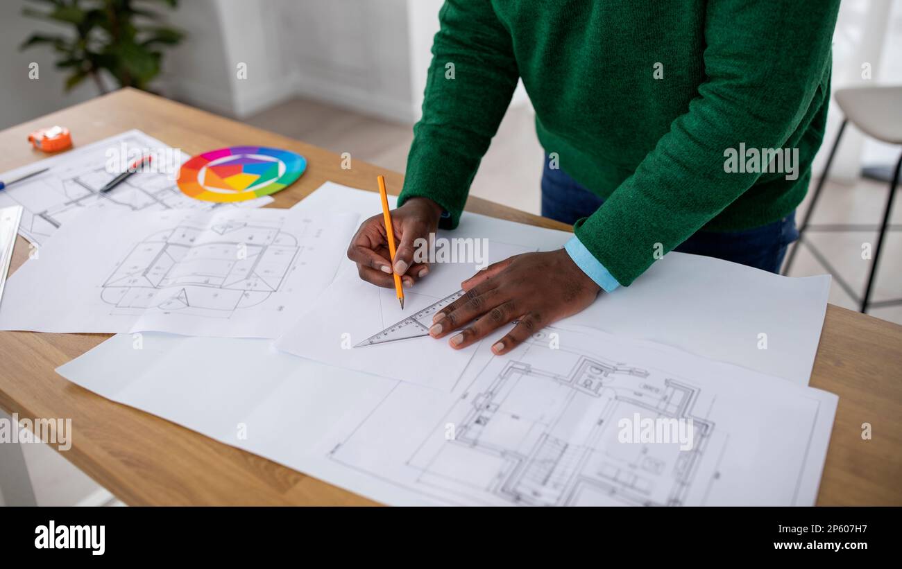 Unrecognizable African Designer Making Engineering Drawing At Workplace ...