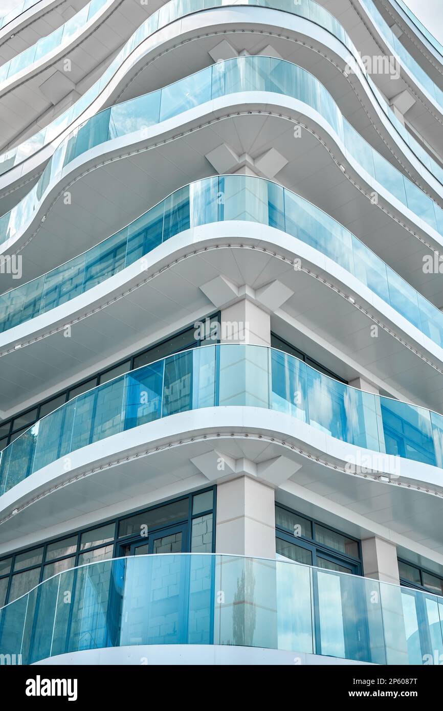 Light blue glass fences on fashionable hotel terraces at popular resort ...
