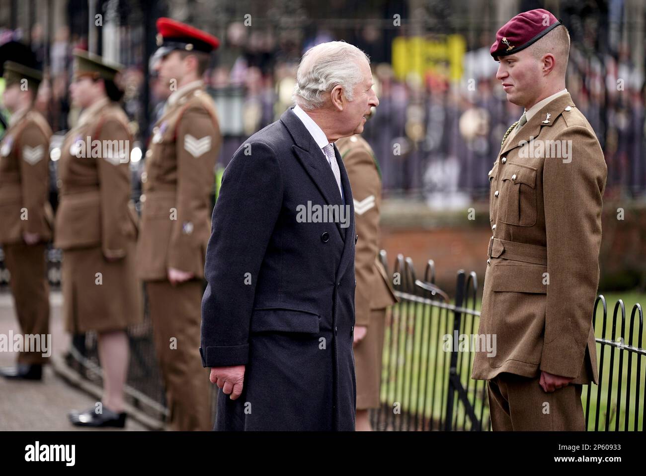 King Charles III speaks with members of the military as he arrives for ...