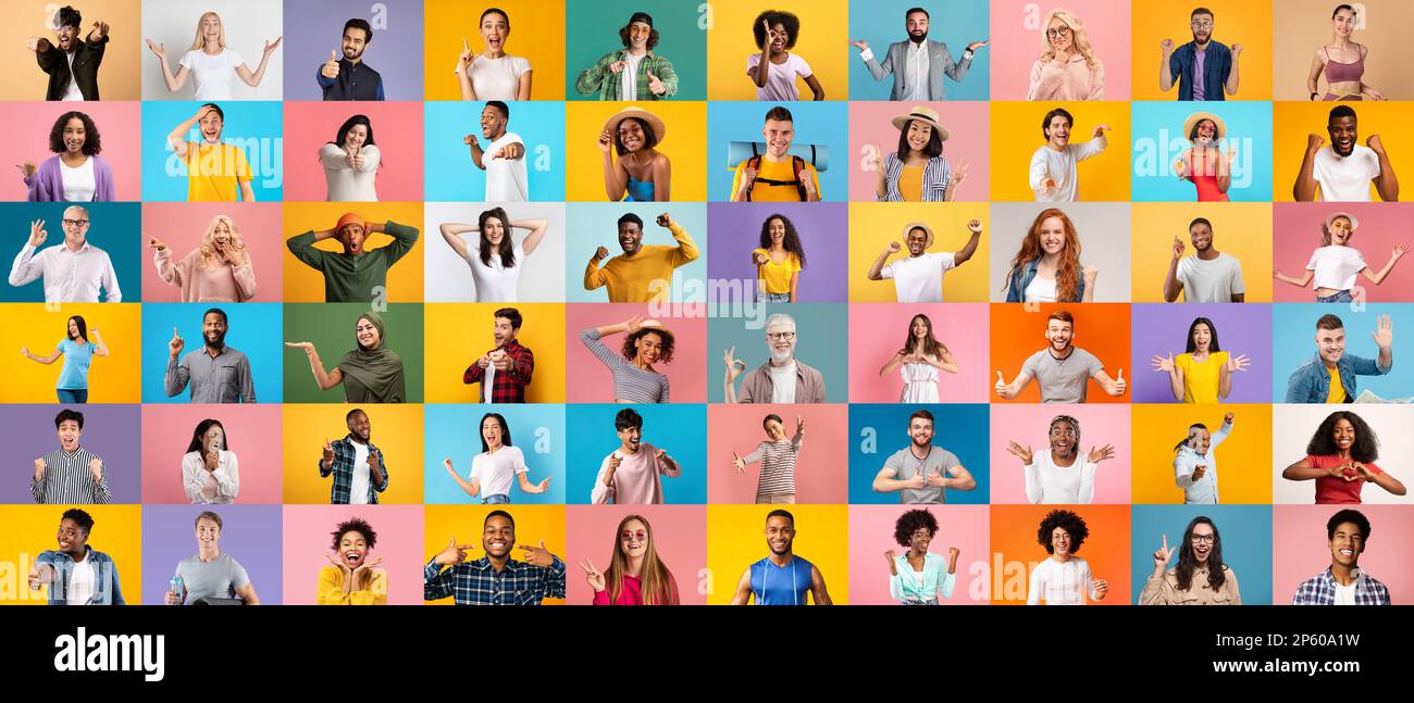 Set Of Happy Excited Multicultural Males And Females Posing Over Bright ...
