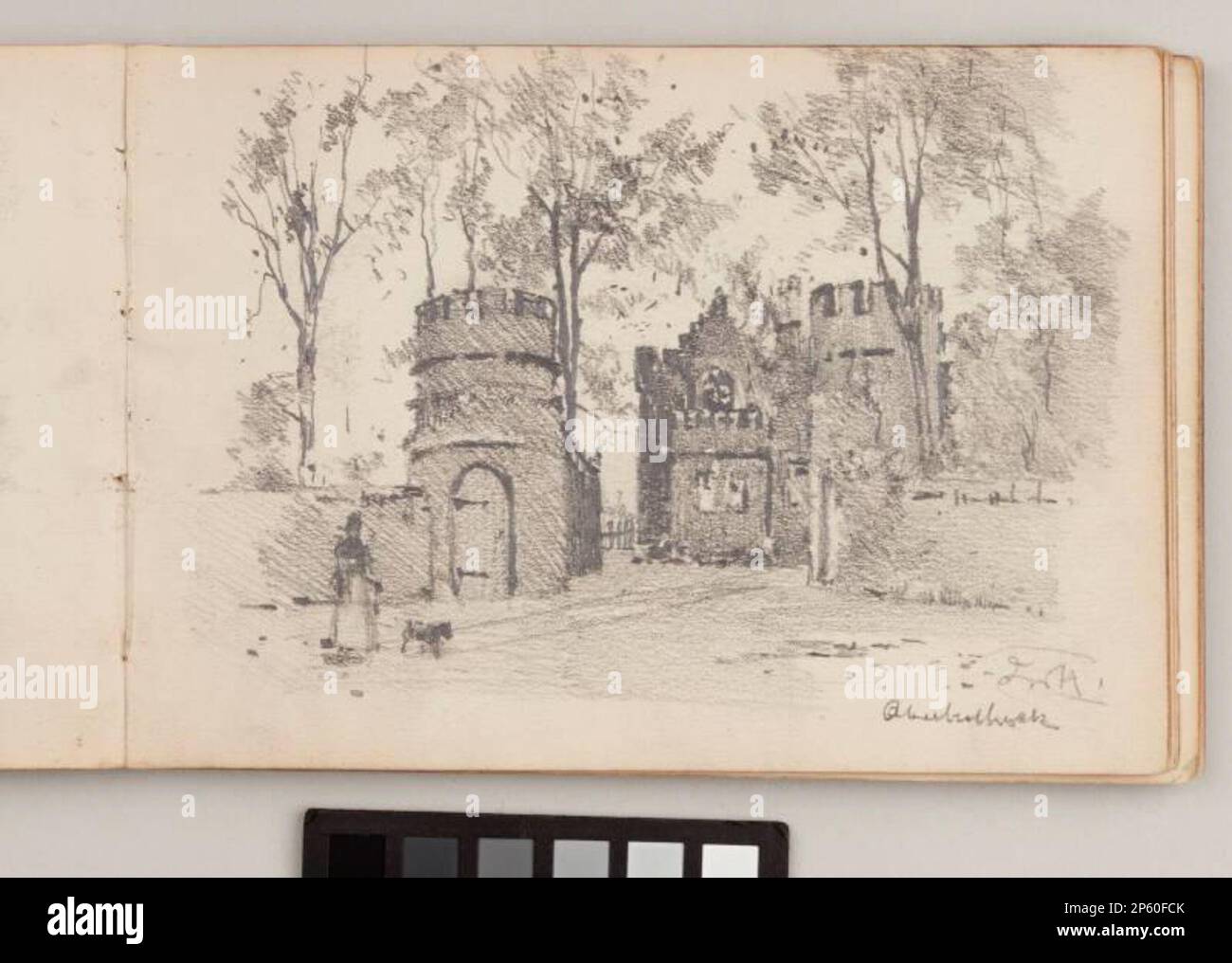 recto: Turreted Gates, Aberbrothock, verso: sketches of heads - Leaf ...