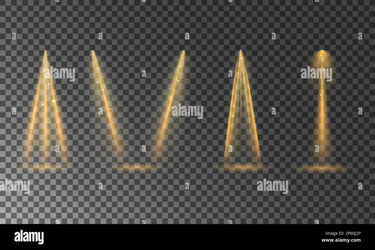 Glowing sparkling yellow projector lights. Pack of realistic icons on ...