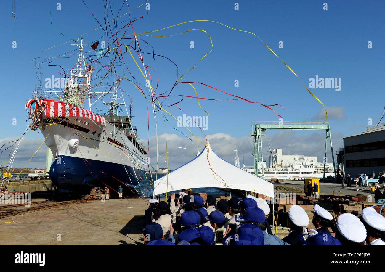 Yamanishi Co. a shipbuilder company launches a ship Shinkaimaru at its ...