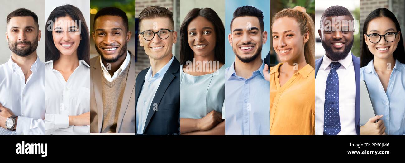 Smiling multiethnic faces looking at camera, collection of business ...