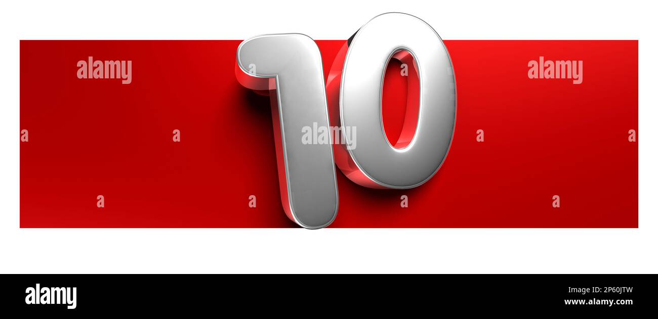 White number 10 over a red text box 3D illustration on white background ...