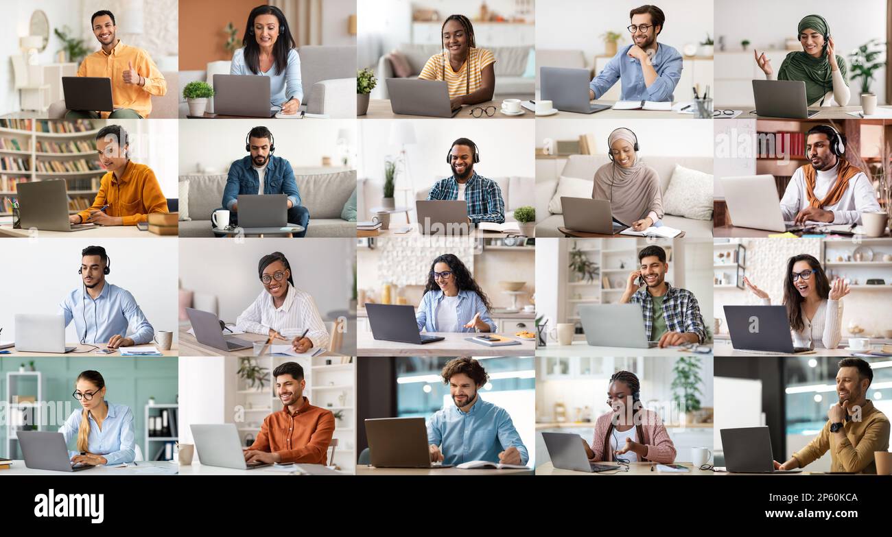 Set of multiracial people using computers, collage Stock Photo - Alamy