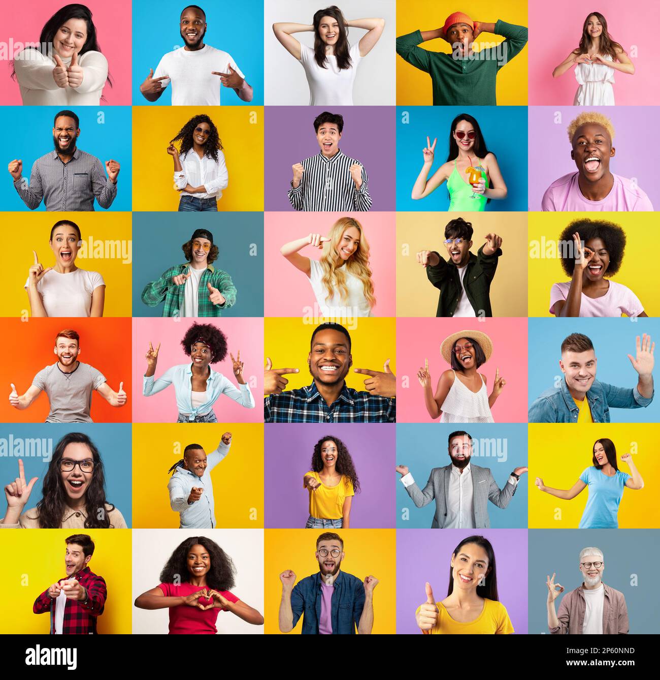 Surprised, laughing excited young different guys and women gesticulate ...