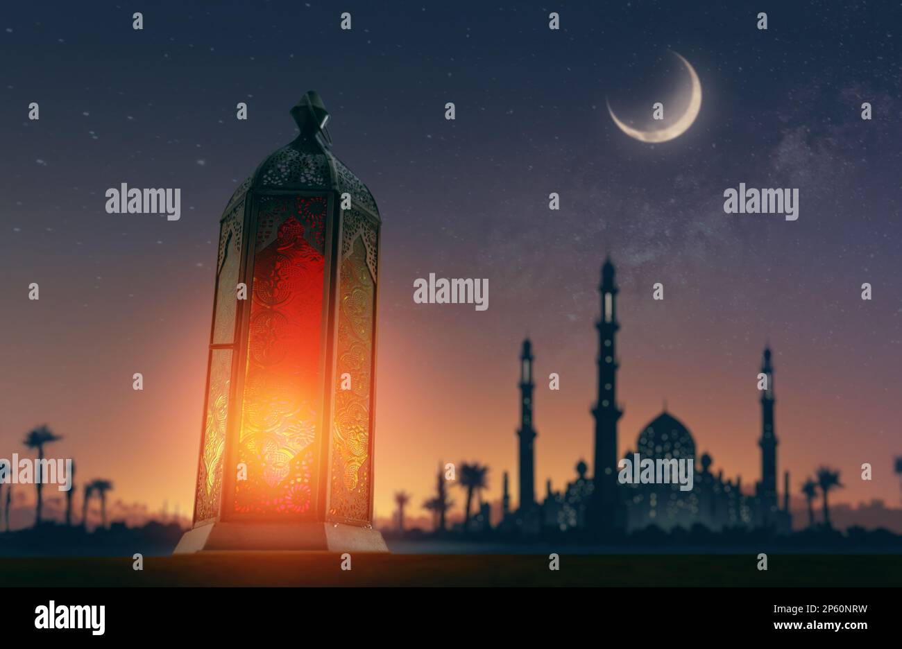 Ornamental Arabic lantern with burning candle glowing at night mosque ...