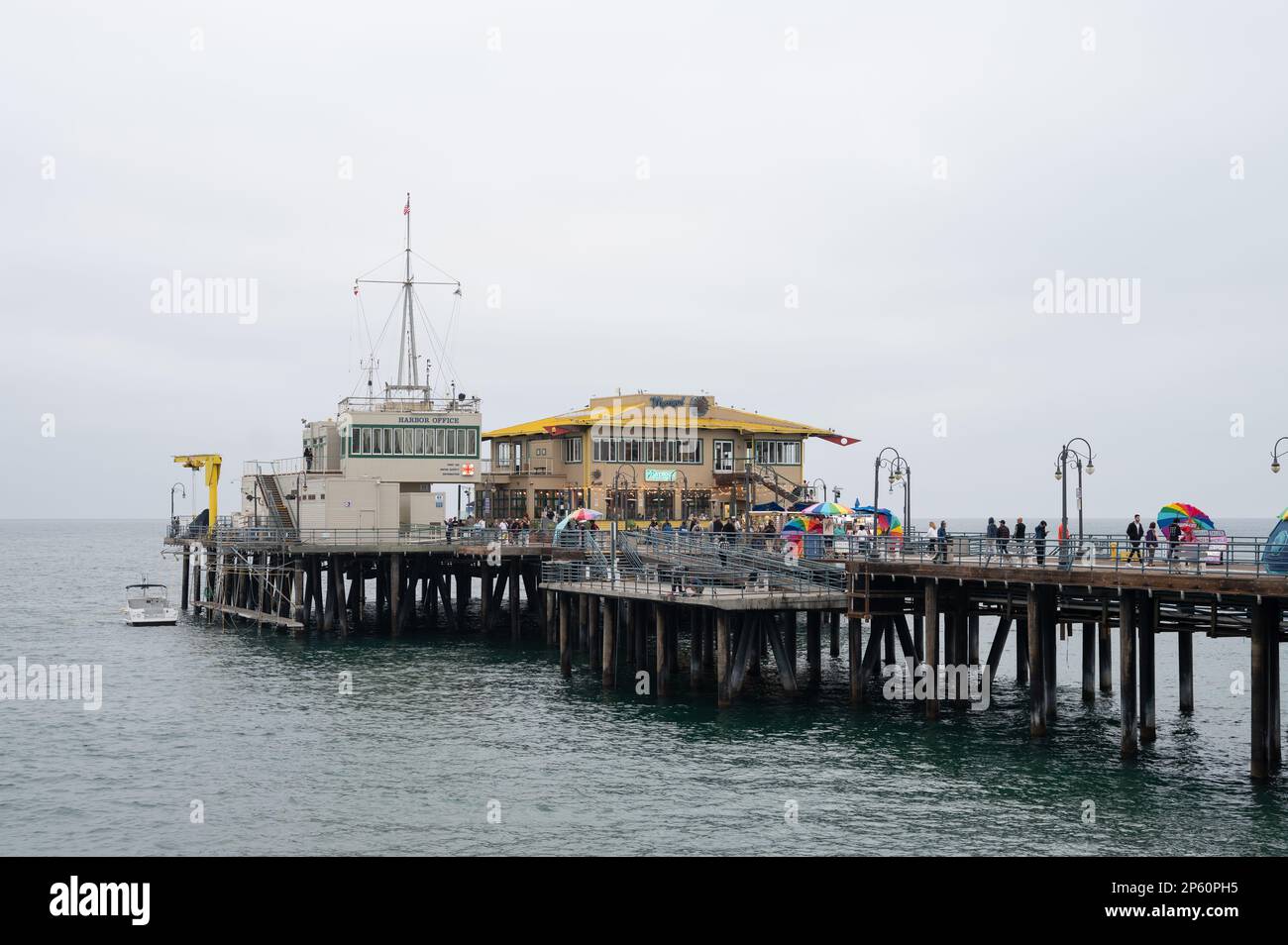Harbor Office and Marisol restaurant at the Santa Monica pier, a cloudy ...