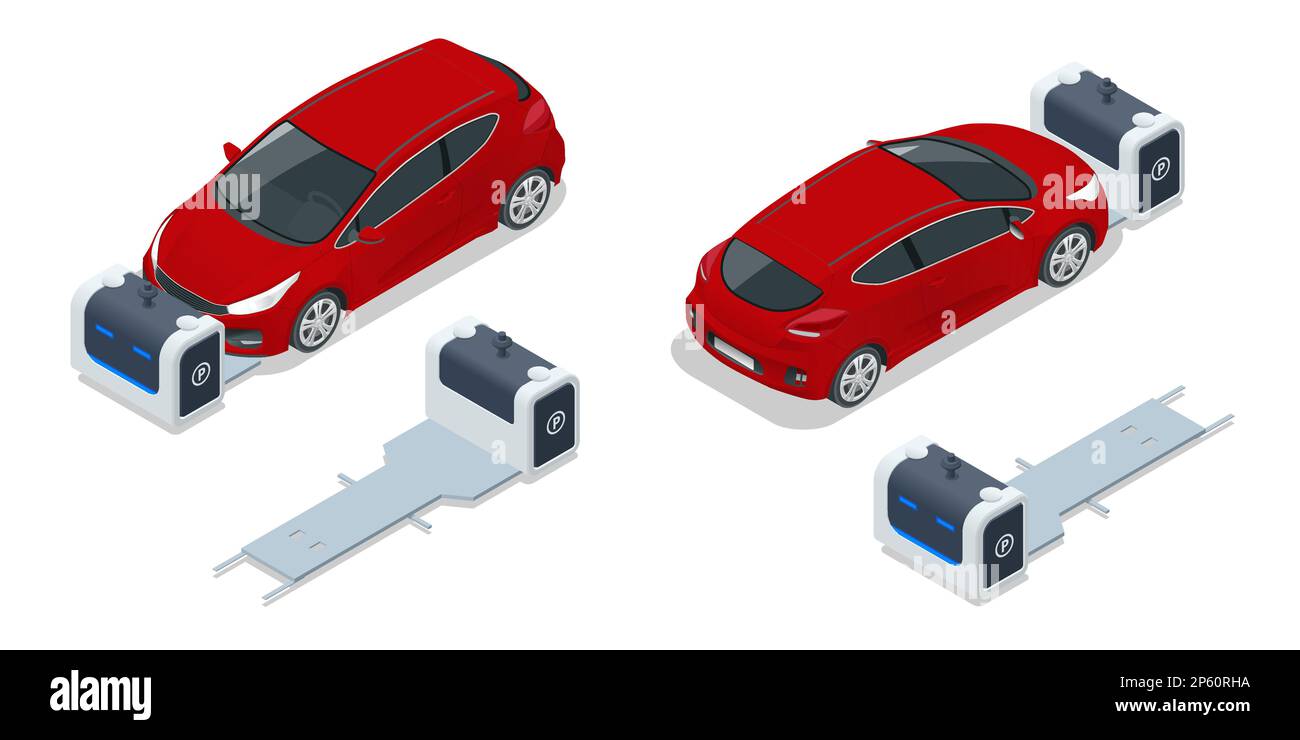 Isometric robot valet parking cars. Outdoor valet parking robot ...