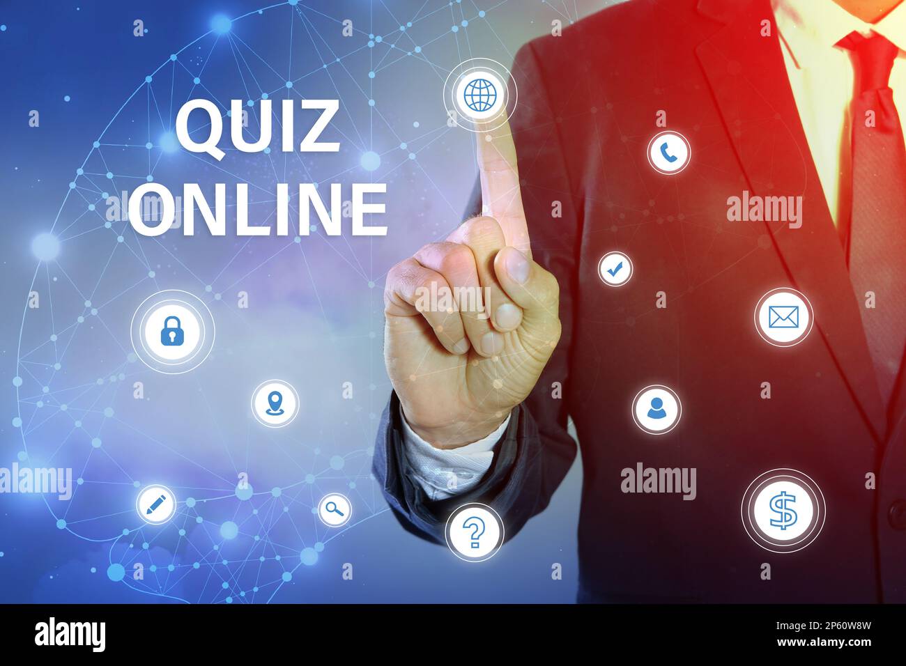 Quiz online. Man pointing at icons on virtual screen against color ...