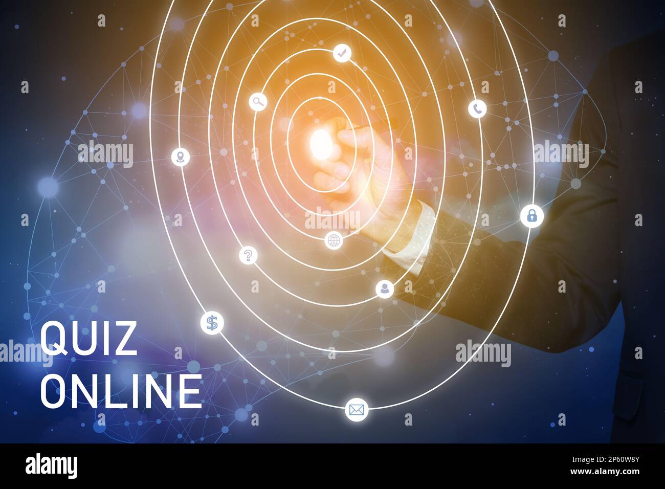 Quiz online. Man pointing at icons on virtual screen against color ...