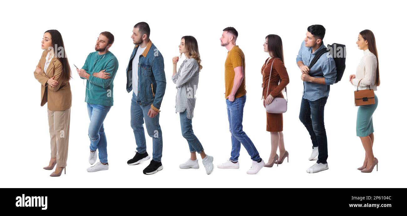 People waiting in queue on white background. Banner design Stock Photo ...