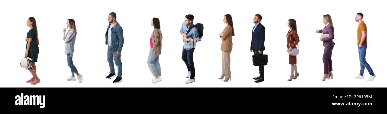 People waiting in queue on white background. Banner design Stock Photo ...