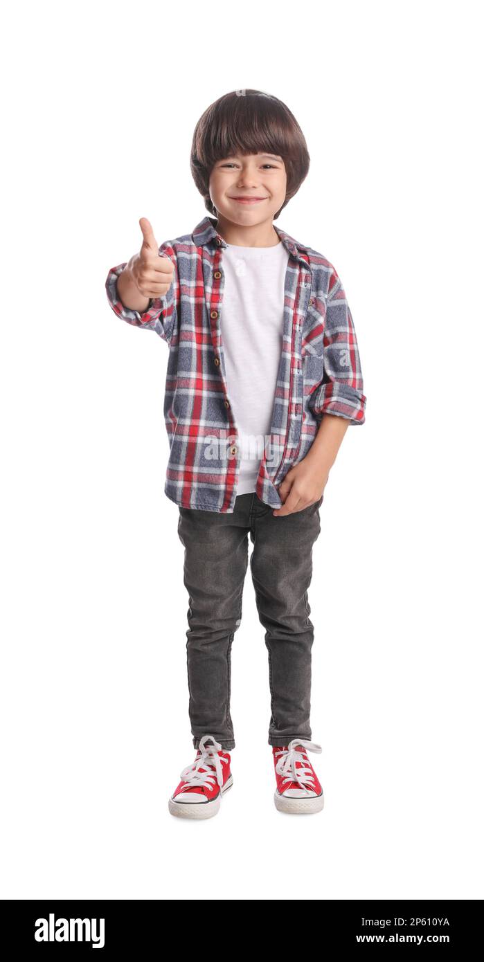Full length portrait of cute little boy on white background Stock Photo ...