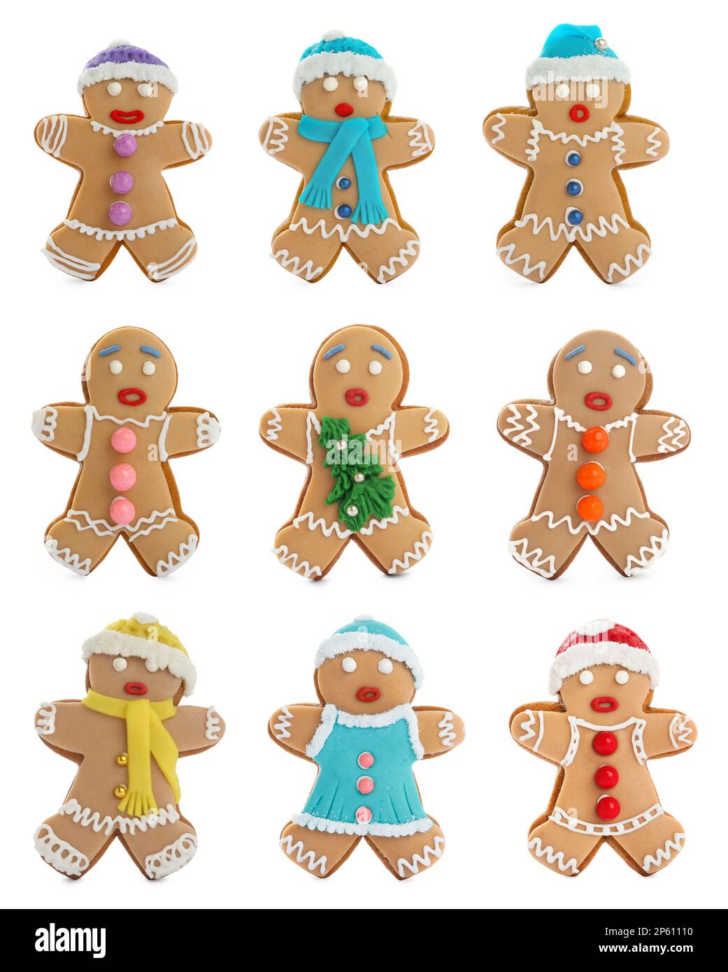 Set with decorated gingerbread men on white background. Delicious ...