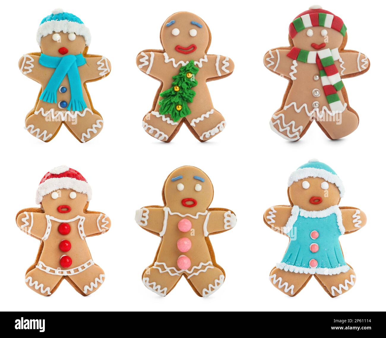 Set with decorated gingerbread men on white background. Delicious ...